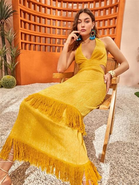 SHEIN Cut Out Waist Tie Backless Fringe Detail Halter Dress SHEIN USA