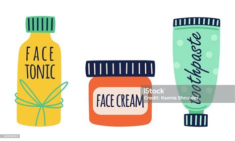 치약 얼굴 크림 토닉 벡터 아이콘 세트 피부 관리 보습 치아 닦기를위한 화장품이있는 병 건강한 라이프스타일을 위한 에코 제품 아름다움을위한 평평한 클립 아트 흰색에 고립 됨