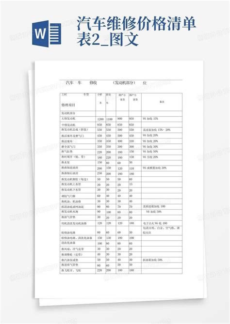 汽车维修价格清单表2图文word模板下载编号qejodbva熊猫办公