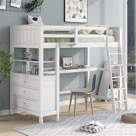 Eastvita Wooden Loft Bed Twin Size Wooden Bed Frame With 7 Drawers 2