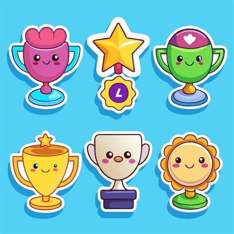 Six Cartoon Trophies With Cute Faces In Various Colors And Shapes They