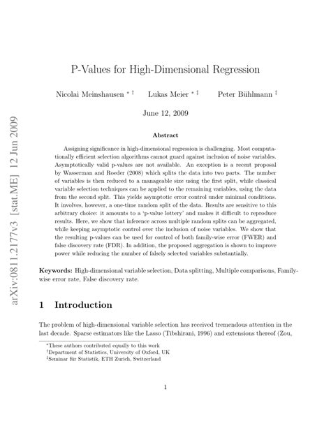 pdf p values for high dimensional regression