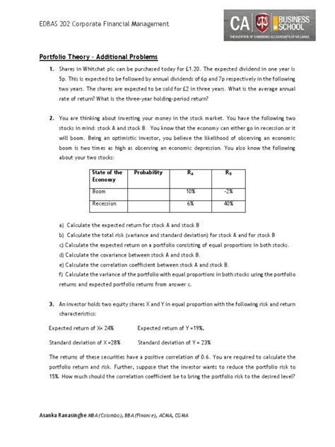 Portfolio Theory Additional Problems 1 Pdf Stocks Modern