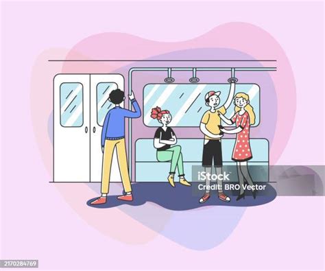 젊은이들 지하철 평면 벡터 일러스트 레이 션을 사용하여 가공의 인물에 대한 스톡 벡터 아트 및 기타 이미지 가공의 인물