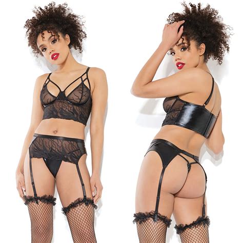 Coquette Longline Bra Garter Belt And G String Set Black X Large Shop