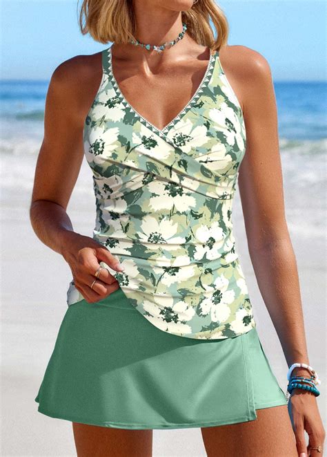 Surplice Floral Print Sage Green Tankini Set Modlily USD 35 98