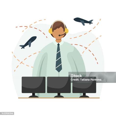 모니터 앞에서 머리에 헤드셋이 달린 항공 교통 관제사의 벡터 그림입니다 직업 라인 아트 항공 교통 관제사에 대한 스톡 벡터 아트