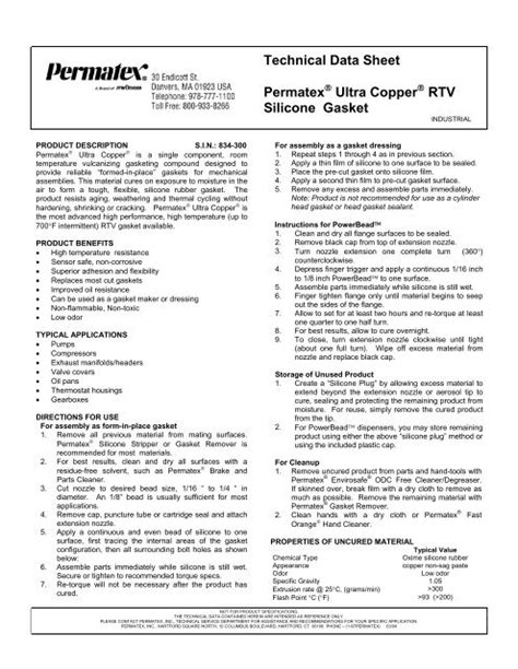 Technical Data Sheet Permatex Ultra Copper Rtv Silicone Devcon