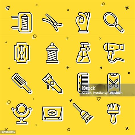 세트 라인 면도 브러시 이발사 온라인 서비스 또는 플랫폼 헤어 드라이어 의료용 고무 장갑 상점 기둥 면도날 면도기 및 크림 화장품 튜브 아이콘 벡터 건강 진단에 대한 스톡