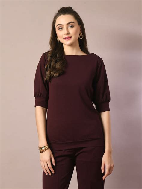 Buy Myshka Womens Coffee Brown Solid Boat Neck Party Top Online At