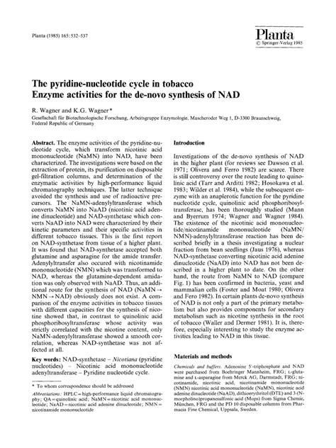 Pdf The Pyridine Nucleotide Cycle In Tobacco Enzyme Activities For