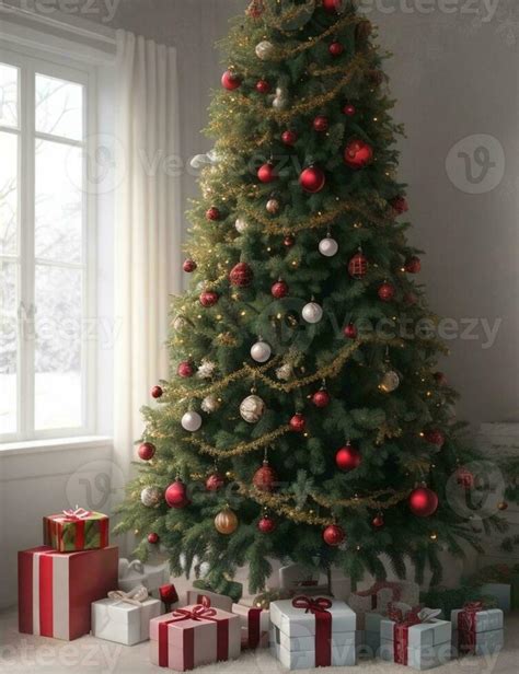 View Of Beautifully Decorated Christmas Tree Outdoors Christmas