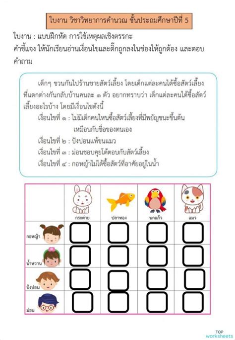 ป 5 การแก้ปัญหาด้วยเหตุผลเชิงตรรกะ ใบงานเชิงโต้ตอบ Topworksheets