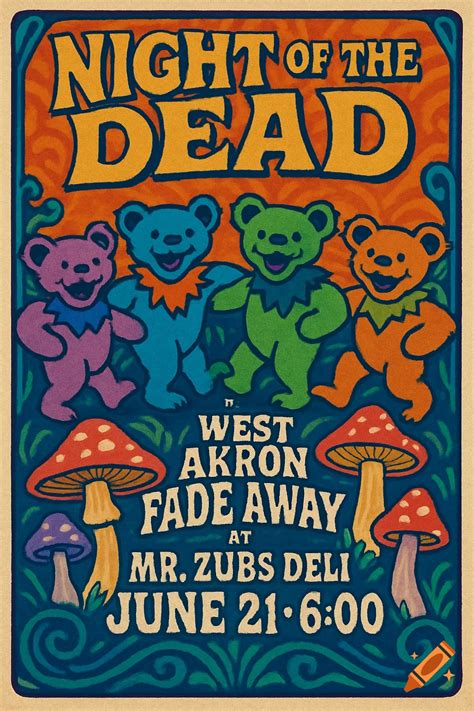Grateful Dead Style Poster With Dancing Bear Cubs Mushrooms And Text