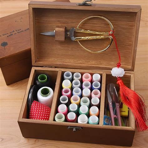 Kit de couture Gris clair Boîte à coudre en bois massif de haute qualité boîte de rangement