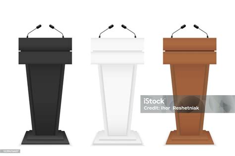 연설을위한 연단 마이크가 있는 로스트럼 스탠드 스피커의 토론을위한 트리뷴 컨퍼런스 및 발표를 위한 연단 강의 및 말하기를위한 받침대 청중의 빈 나무 연단 벡터 3차원 형태에
