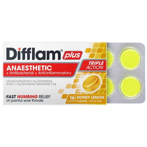 Buy Difflam Plus Anaesthetic Honey Lemon Sore Throat 16 Lozenges Online