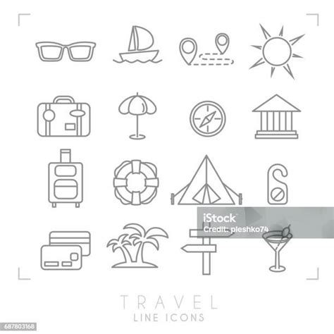 개요 얇은 여행 및 휴가 아이콘 설정합니다 선글라스 요트 경로 태양 가방 우산 나침반 박물관 수하물 Lifebuoy 캠핑 텐트 메시지 돈 카드 손바닥 화살표 칵테일 0명에