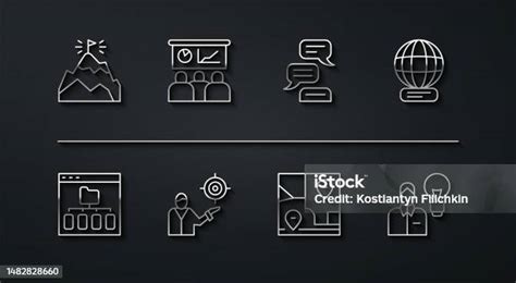 깃발 브라우저 파일 전세계 접힌 지도 위치 마케팅 목표 전략 교육 프레젠테이션 휴먼 램프 전구 및 말풍선 채팅 아이콘으로 라인 산을 설정합니다 벡터 개념에 대한 스톡 벡터