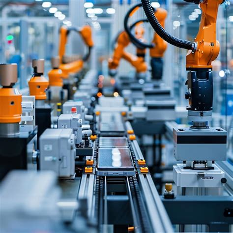 Modern Automated Factory With Robotic Arms On Assembly Line Premium
