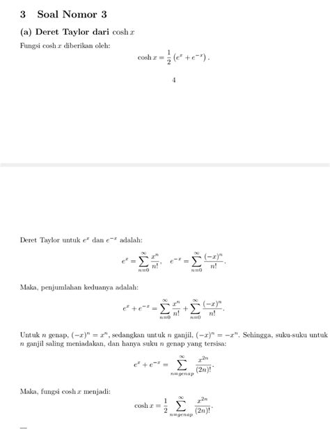 3 Soal Nomor 3 A Deret Taylor Dari Cosh X Fungsi Cosh X Diberikan Oleh Cosh X 12 Ex E X