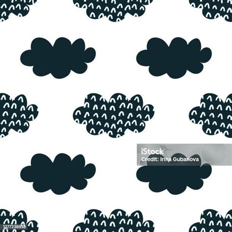 白い背景に黒い雲と手描きのテクスチャとかわいいシームレスなパターン壁紙ファブリック織物包装紙のデザインのためのスカンジナビアスタイルのイラスト