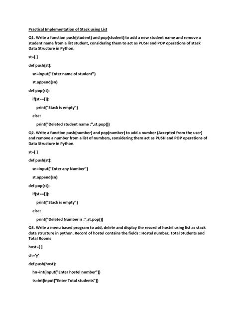 Practical Implementation Of Stack Using List Pdf Data Management