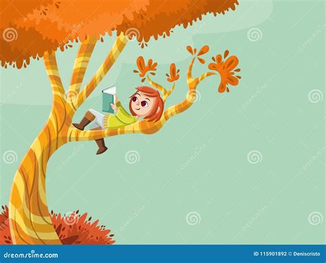 Cute Cartoon Girl Reading Book Over A Tree Stock Vector Illustration