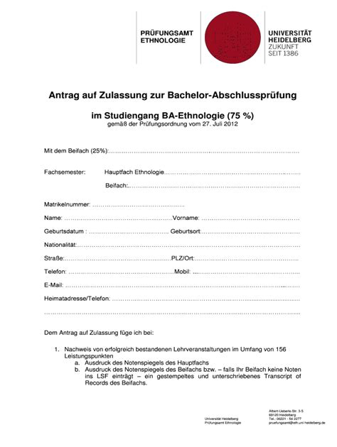 Ausfüllbar Online Eth Uni Heidelberg Antrag Auf Zulassung Zur Bachelor