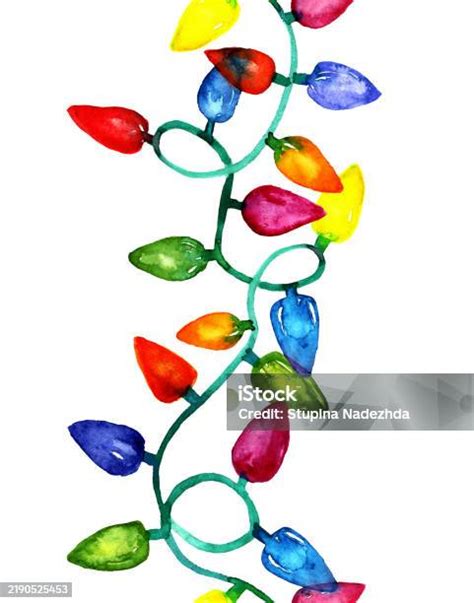 빨강 노랑 초록 파랑 전구와 함께 그려진 수채화 화환 반짝이는 램프 그림의 완벽 한 테이프 겨울과 새해 휴일 장식 0명에 대한