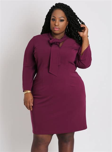 Lucia Plus Size Sheath Dress With Sleeves And Tie Neck Stretch Etsy