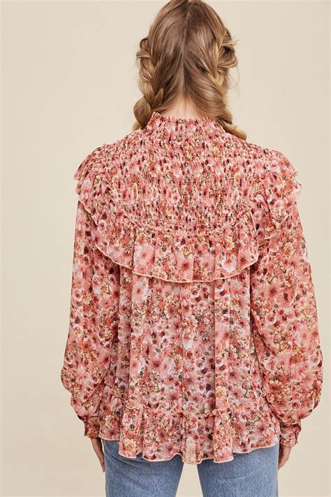 Rose Floral Print Smocked Mock Neck Ruffle Blouse Top Pinkblush