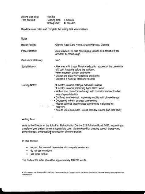 Alex Maydew Oet Writing Task Sample Pdf Medical Specialties Clinical Medicine