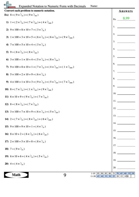 Expanded Notation To Numeric Form With Decimals Worksheet With Answer