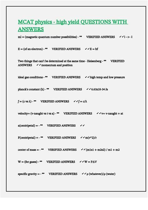 Mcat Physics High Yield Questions With Answers Mcat Physics Stuvia Us