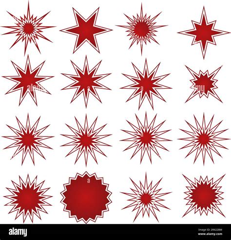 set of 16 different starburst designs red stock vector image and art
