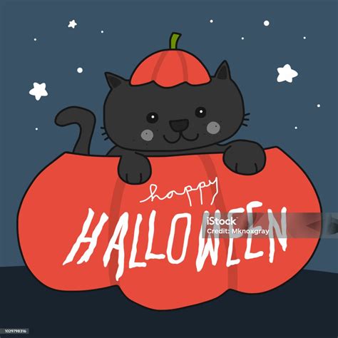 Vetores De Gato Preto Halloween Feliz Em Vetor Desenho Animado Abóbora