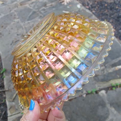 Antique Imperial Clambroth Waffle Block Carnival Glass Deep Bowl