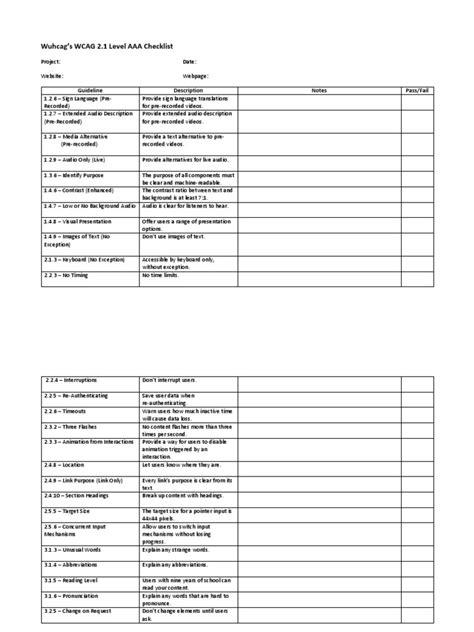 Wuhcags Wcag 21 Level Aaa Checklist Guideline Description Notes Pass
