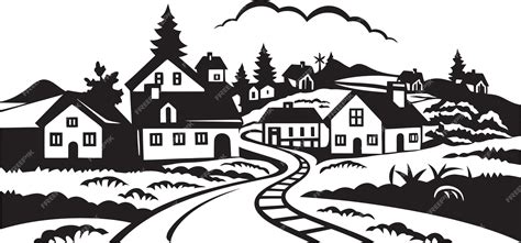 Premium Vector A Black And White Drawing Of A Town With A Town In The