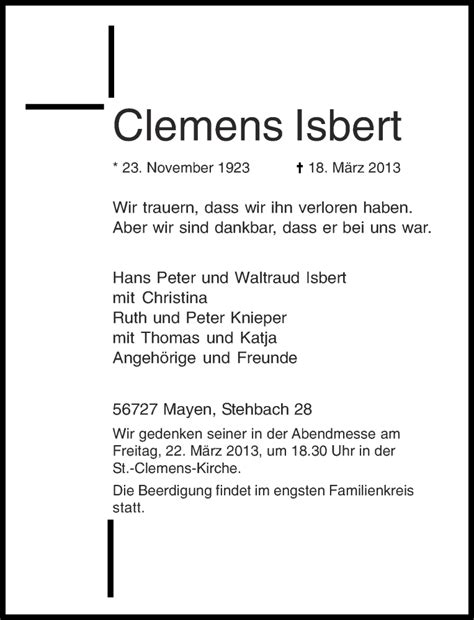 Traueranzeigen Von Clemens Isbert Rz Trauer De