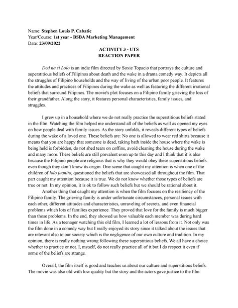 Reaction Paper CCGE 103 Name Stephen Louis P Cabatic Year Course