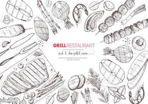 구운 고기와 야채 톱 뷰 프레임 벡터 일러스트입니다 새겨진 디자인 손으로 그린 그림입니다 그릴 레스토랑 메뉴 디자인 서식 파일입니다 그릴에 음식 굽기에 대한 스톡 벡터 아트