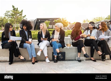 Multiethnic Business Women Doing Lunch Break Outdoor From Office
