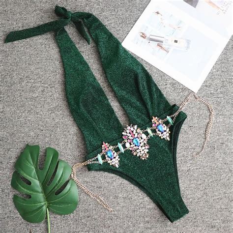 Crystal Diamond Chain Belt Swimsuit Swimsuits Halter Bathing Suit