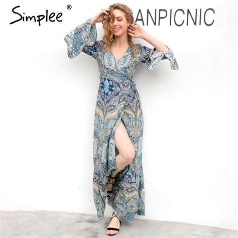 Simplee Boho Floral Print Chiffon Split Long Dress Women Beach Summer V