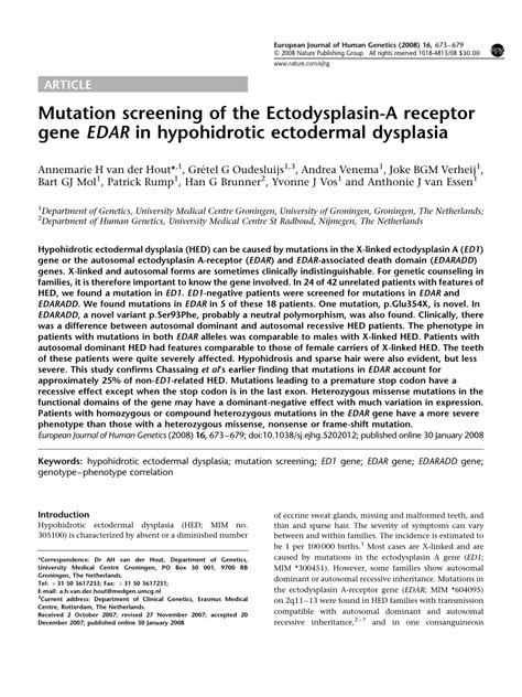 Pdf Mutation Screening Of The Ectodysplasin A Receptor Gene Edar In