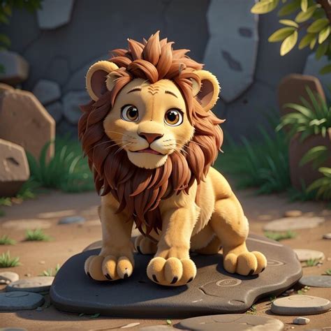 Lindo Dibujo Animado De León En La Piedra Foto Premium