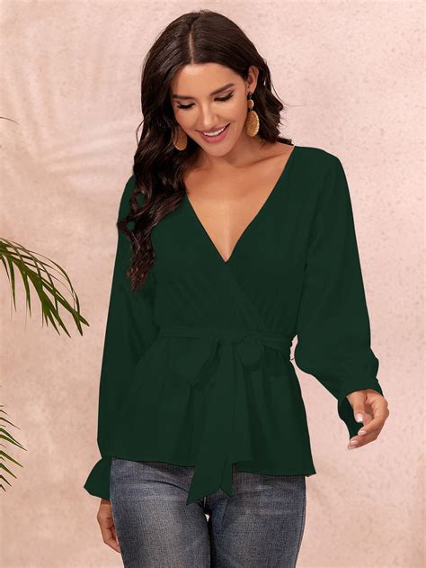 Solid Surplice Front Belted Peplum Blouse Peplum Blouse Business