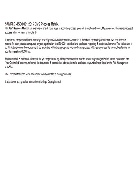 Fillable Online Sample Iso 90012015 Qms Process Matrix Fax Email Print Pdffiller